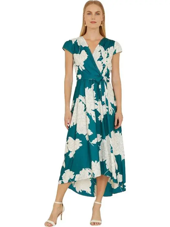 YUMI Blossom Print Dipped Hem Wrap Midi Dress - Green