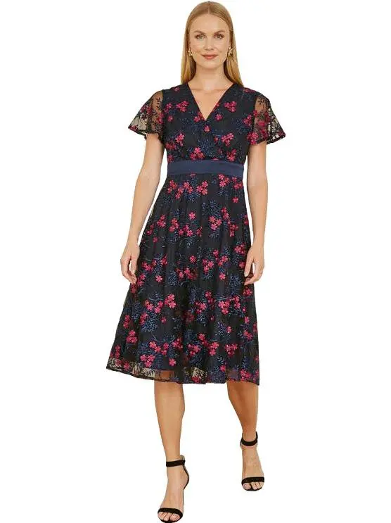 YUMI Floral Mesh Wrap Midi Skater Dress - Navy