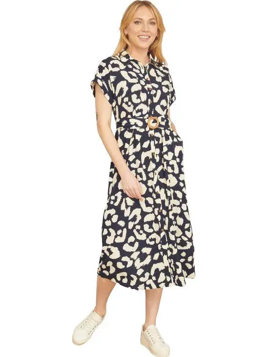 YUMI Abstract Animal Print Relaxed Midi Dress - Navy