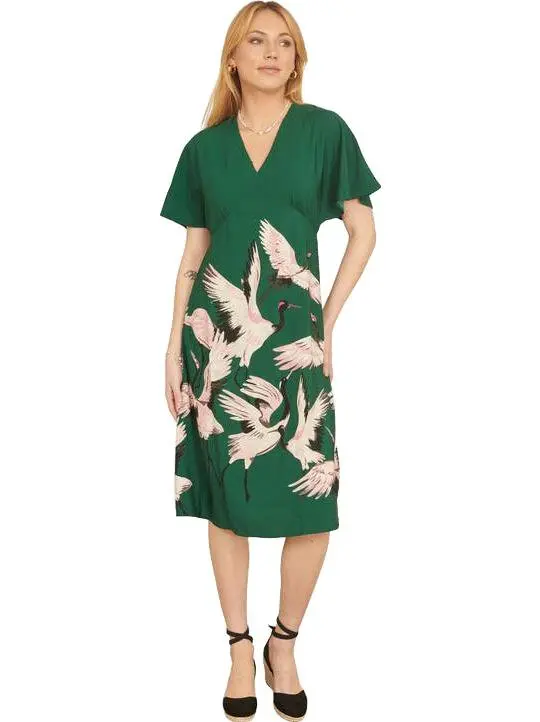 YUMI Crane Print Midi Dress - Green