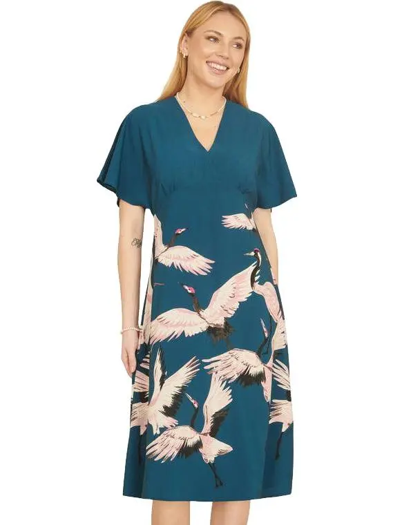 YUMI Crane Print Midi Dress - Teal
