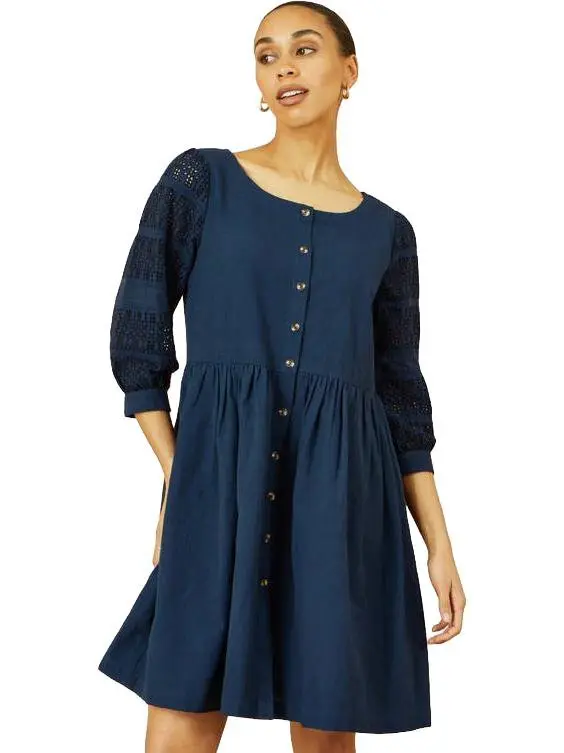 YUMI Broderie Anglaise Puff Sleeve Tunic Dress - Navy