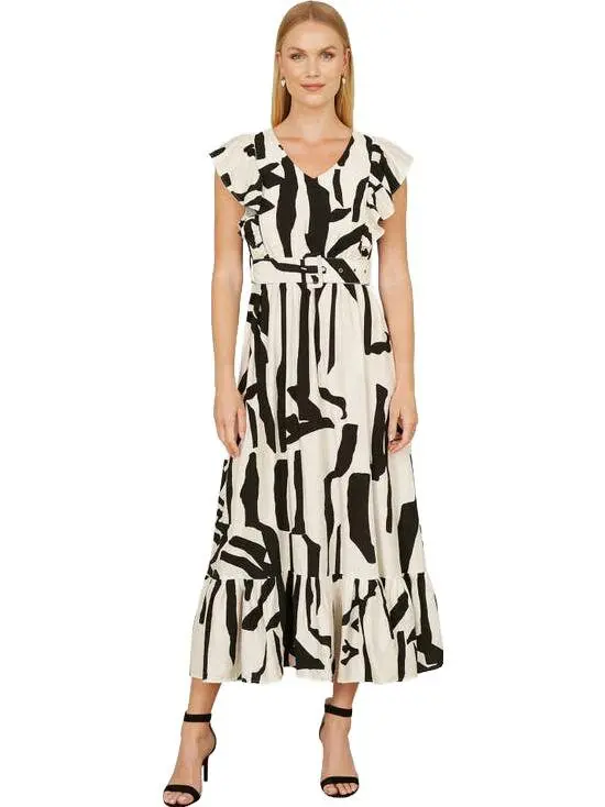 YUMI Abstract Print V-neck Midi Dress With Frill Sleeves And Belt - Beige