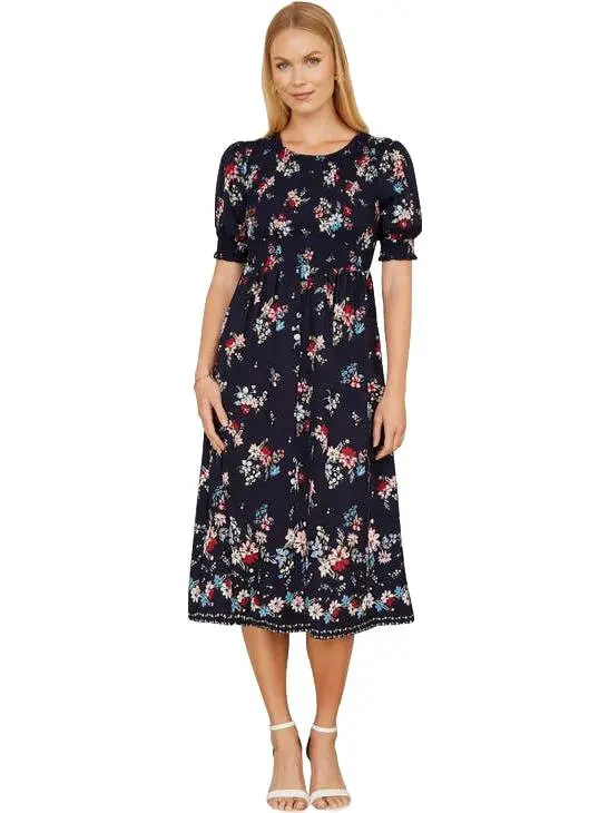 YUMI Smocked Bodice Floral Midi Dress - Navy