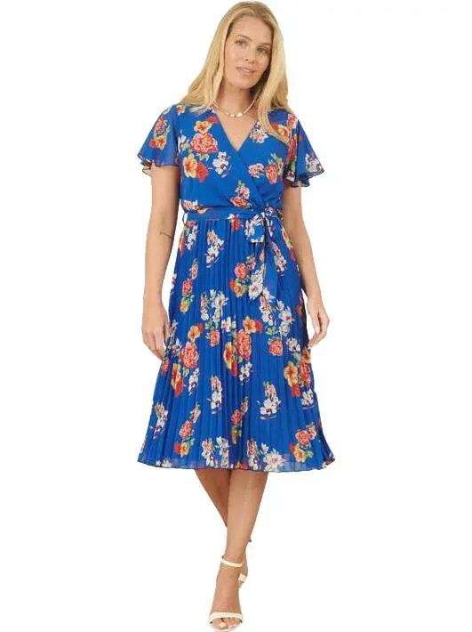 YUMI Pleated Floral Tie-waist Wrap Midi Dress - Blue