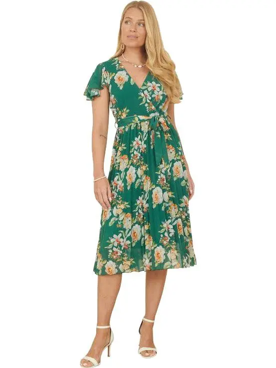 YUMI Pleated Floral Tie-waist Wrap Midi Dress - Green