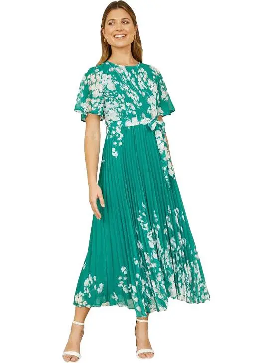 YUMI Mirror Floral Design Pleated Midi Dress - Green