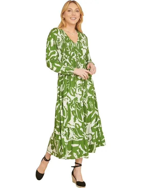 YUMI Abstract Print Ruched V-neck Midi Dress - Green