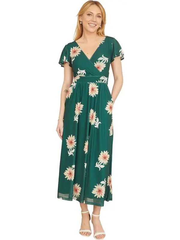 YUMI Mesh Flower Midi Dress With Pockets - Green