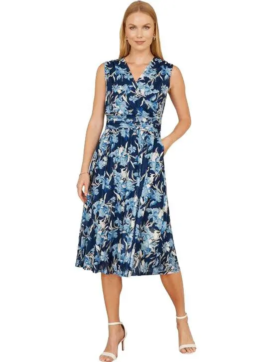 YUMI Floral Wrap V-neck Midi Dress - Blue