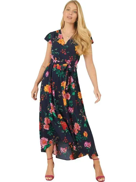 YUMI Flower Print Wrap Midi Dress - Navy