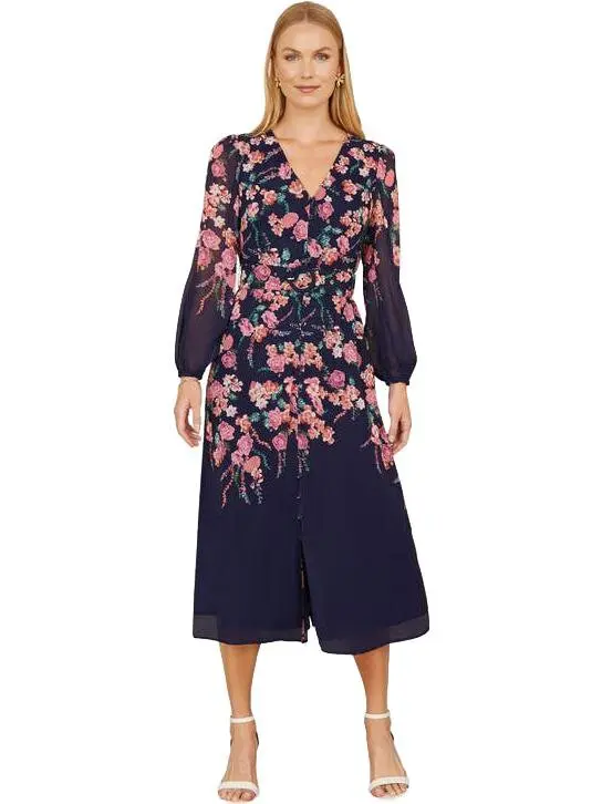 YUMI Belted Floral Print Midi Dress - Navy