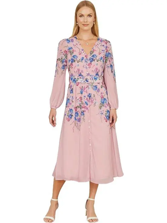 YUMI Belted Floral Print Midi Dress - Pink