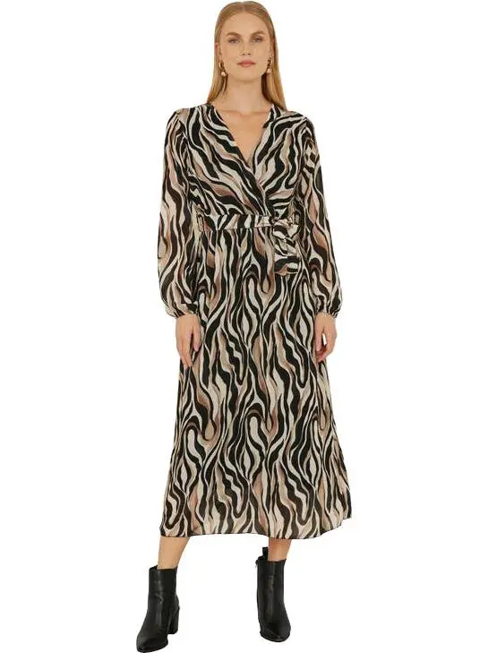 YUMI Animal Swirl Midi Wrap Dress - Black