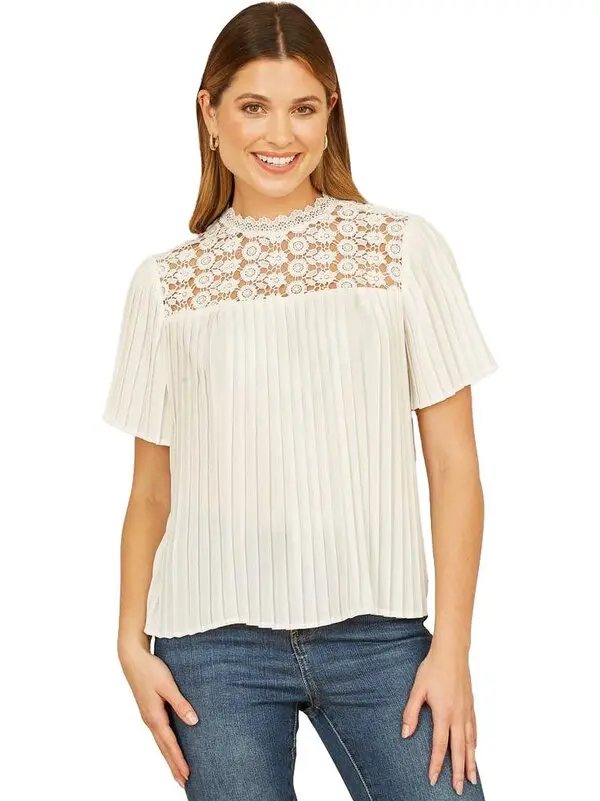 YUMI Lace Panel Pleated Top - White