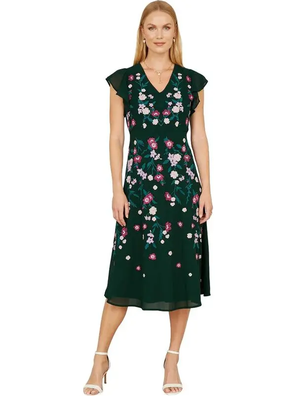 YUMI Floral Embroidered Midi Skater Dress - Green