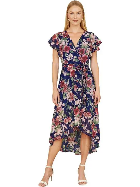 YUMI Floral Wrap Midi Dress With Frill Hem - Blue