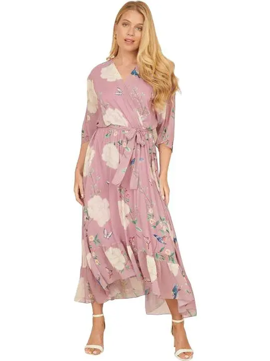 YUMI Bird And Floral Print Midi Wrap Dress - Pink