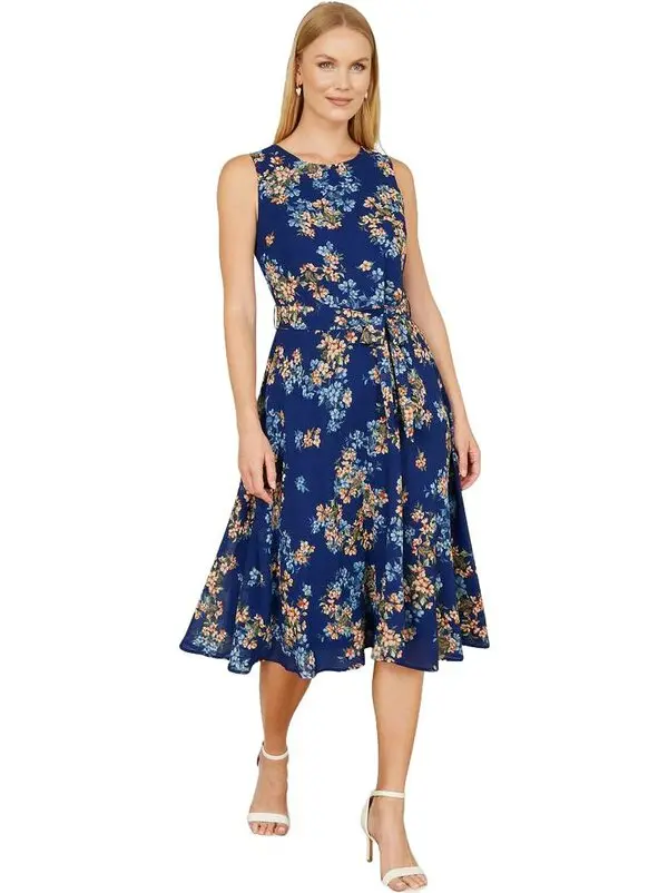 YUMI Floral Skater Midi Dress - Blue