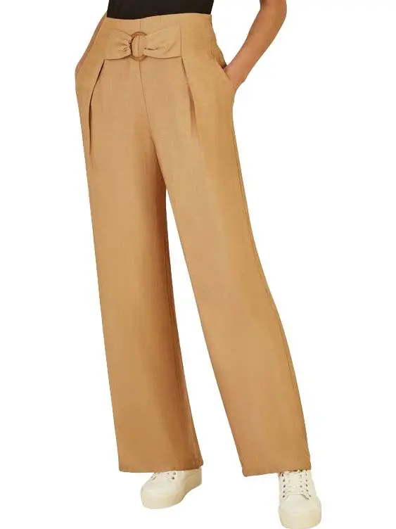 YUMI Wide Leg Pants With Buckle Detail - Brown