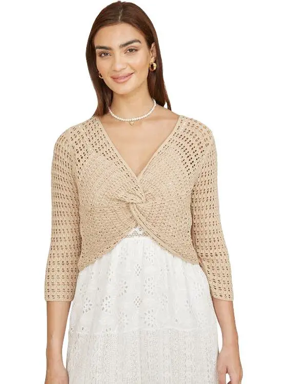 YUMI Crochet Cotton Twisted Bolero Cardigan - Beige