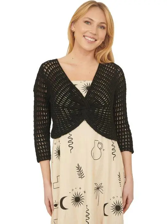 YUMI Crochet Cotton Twisted Bolero Cardigan - Black