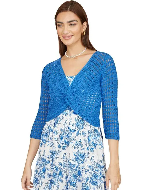 YUMI Crochet Cotton Twisted Bolero Cardigan - Blue