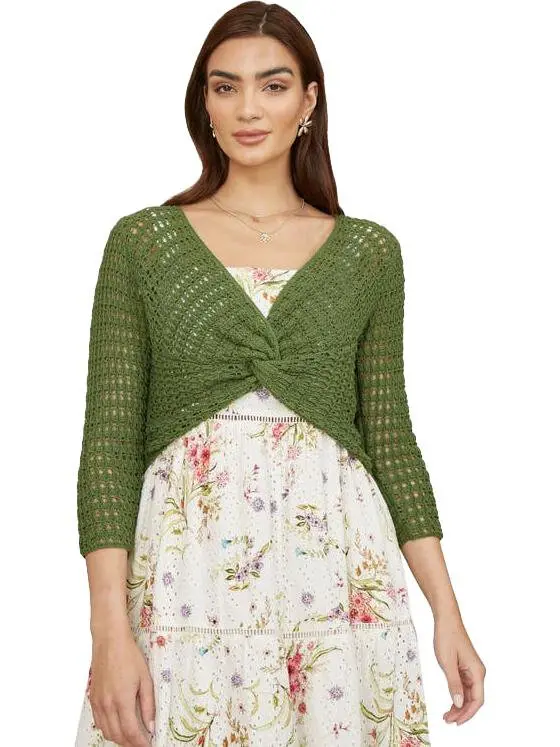 YUMI Crochet Cotton Twisted Bolero Cardigan - Green