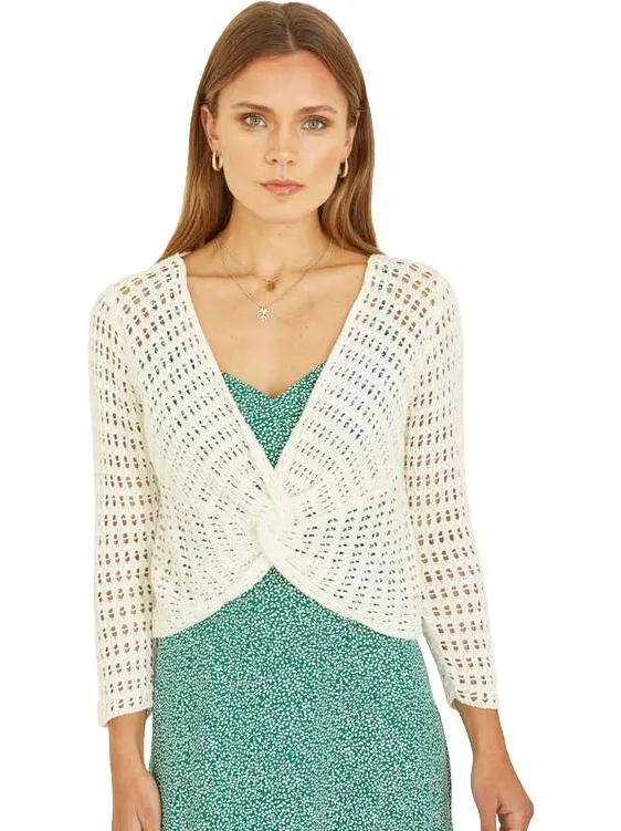 YUMI Crochet Cotton Twisted Bolero Cardigan - Ivory