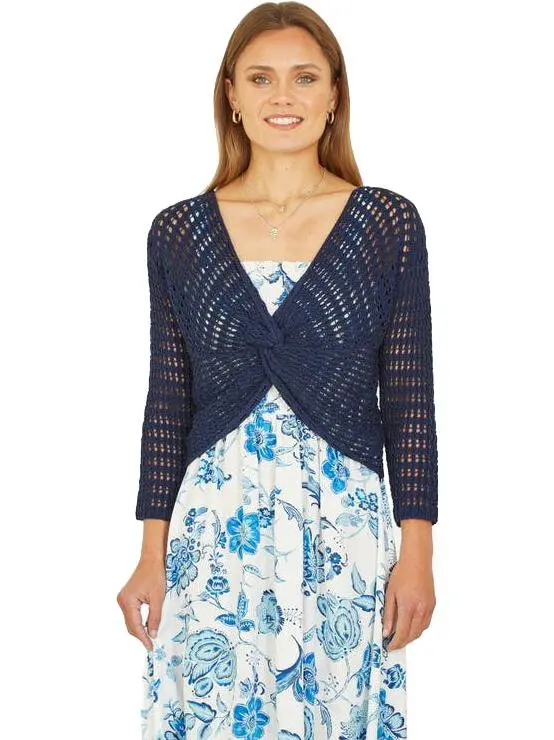 YUMI Crochet Cotton Twisted Bolero Cardigan - Navy