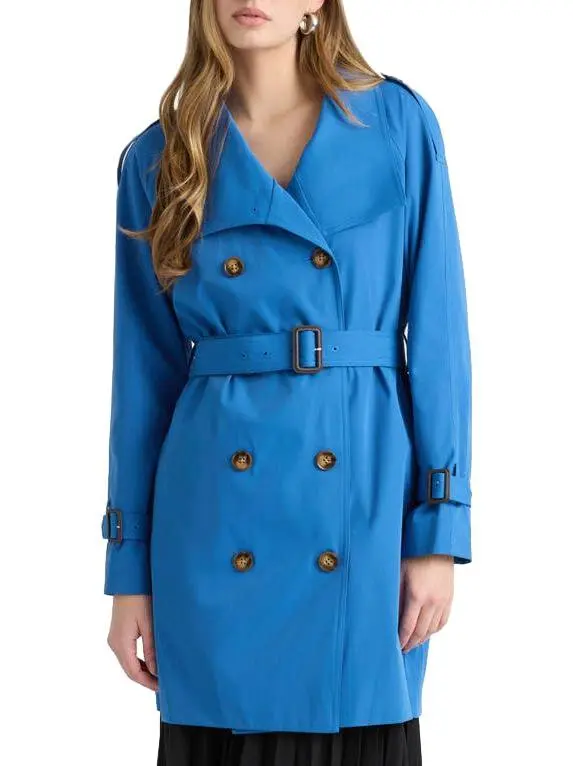 NVLT Belted Double Breasted Trench Coat - Denim Blue