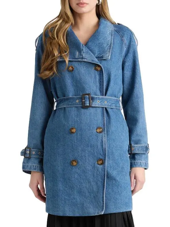 NVLT Belted Double Breasted Denim Trench Coat - Medium Blue