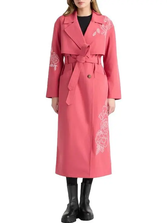 NVLT Embroidered Belted Trench Coat - Pitaya Red