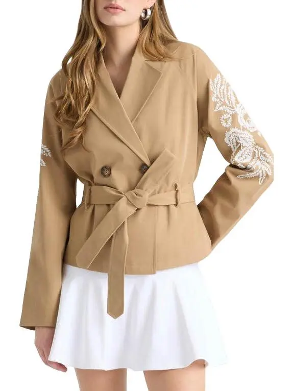 NVLT Embroidered Belted Crop Trench Coat - British Tan
