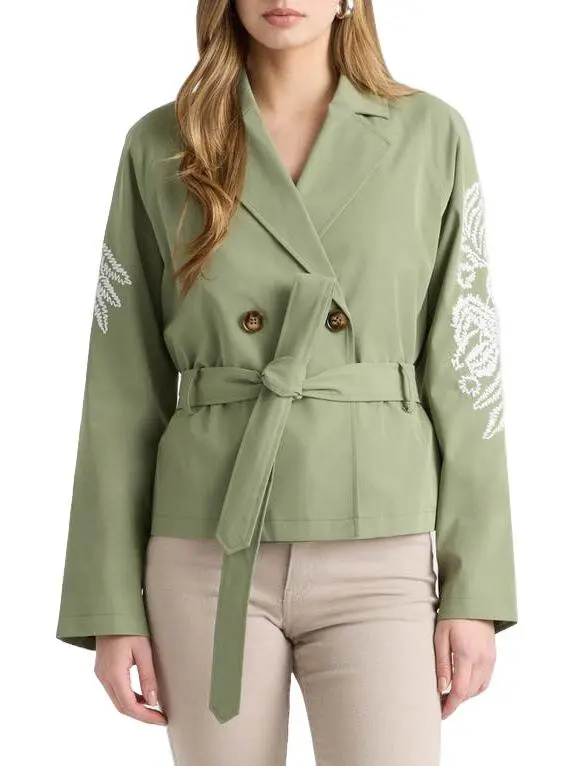 NVLT Embroidered Belted Crop Trench Coat - Khaki Green