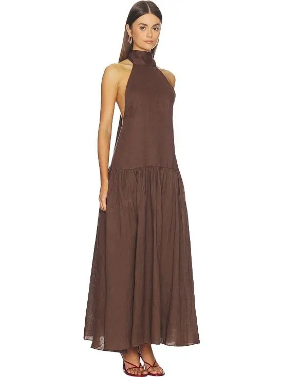 AEXAE Linen Halter Drop Waist Maxi Dress - Brown