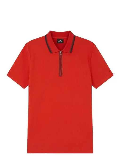 Paul Smith Regular Fit Tipped Cotton Piqué Quarter Zip Polo - Coral Red