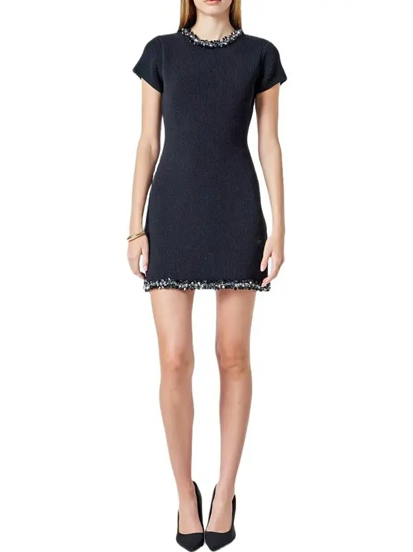 Endless Rose Jewel Trim Knit Mini Dress - Black