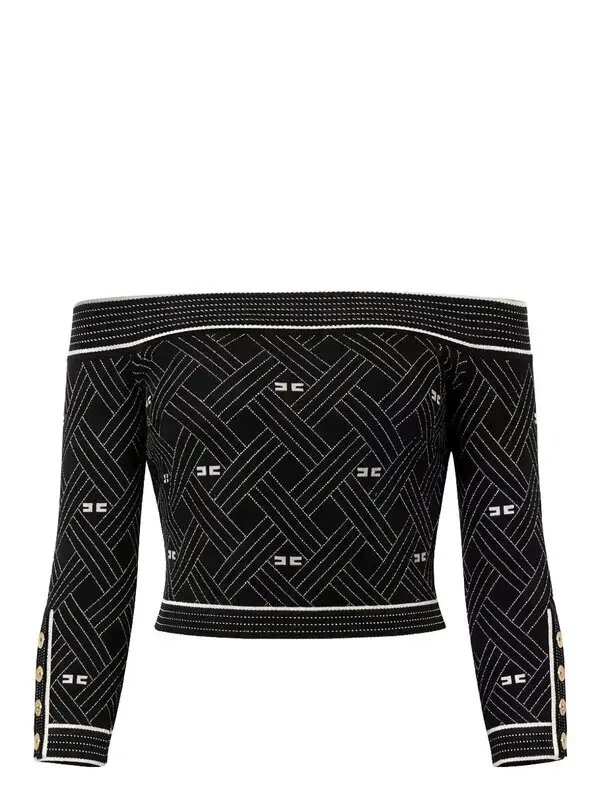 Elisabetta Franchi Off-the-shoulder Knit Top With Golden Logo Buttons - Black