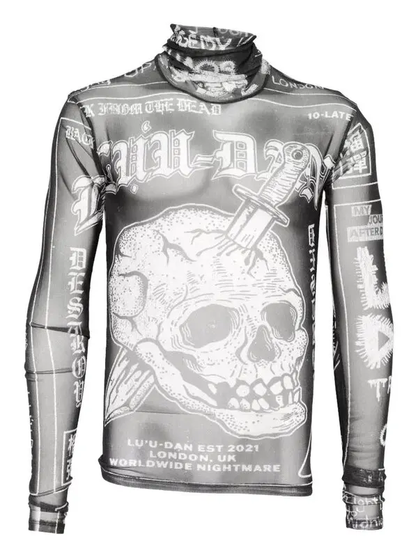 LỰU ĐẠN Skull Print Long Sleeve Mesh Top - Black