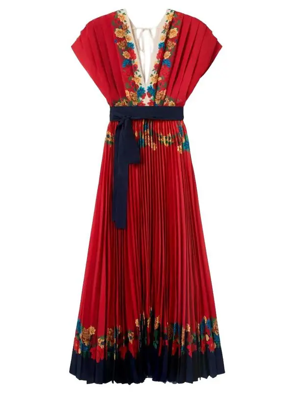 La DoubleJ Floral Print Pleated Midi Dress - Red