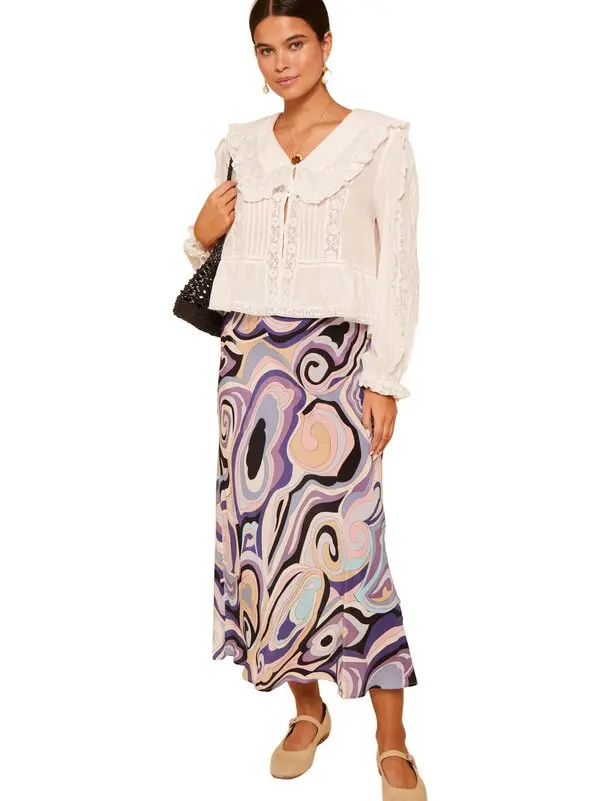 Rixo Kelly Marble Ocean Printed Silk Midi Skirt - Purple