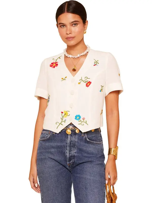 Rixo Floral Embroidered Top - Cream