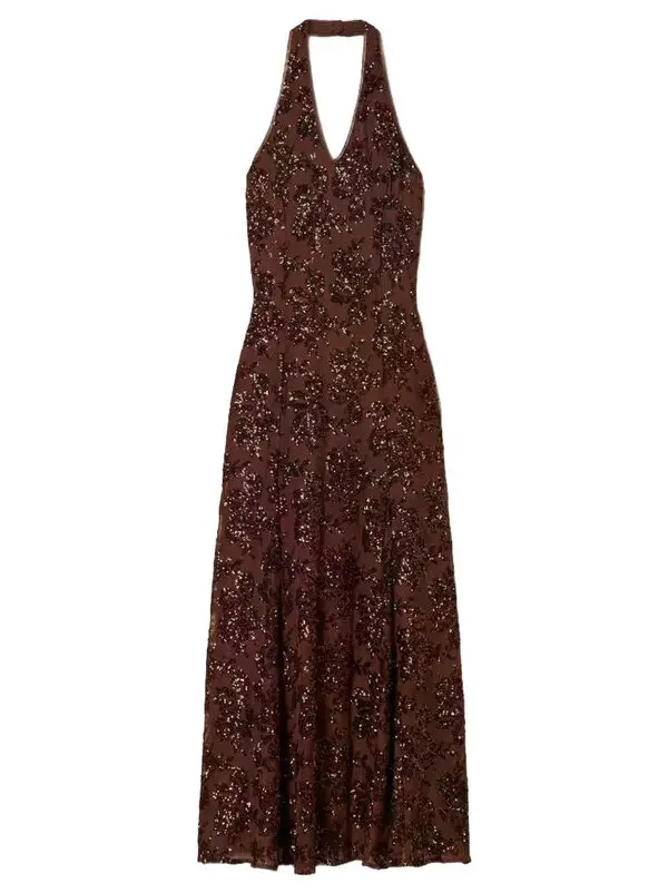 TWINSET Sequinned Floral Halterneck Maxi Dress - Brown