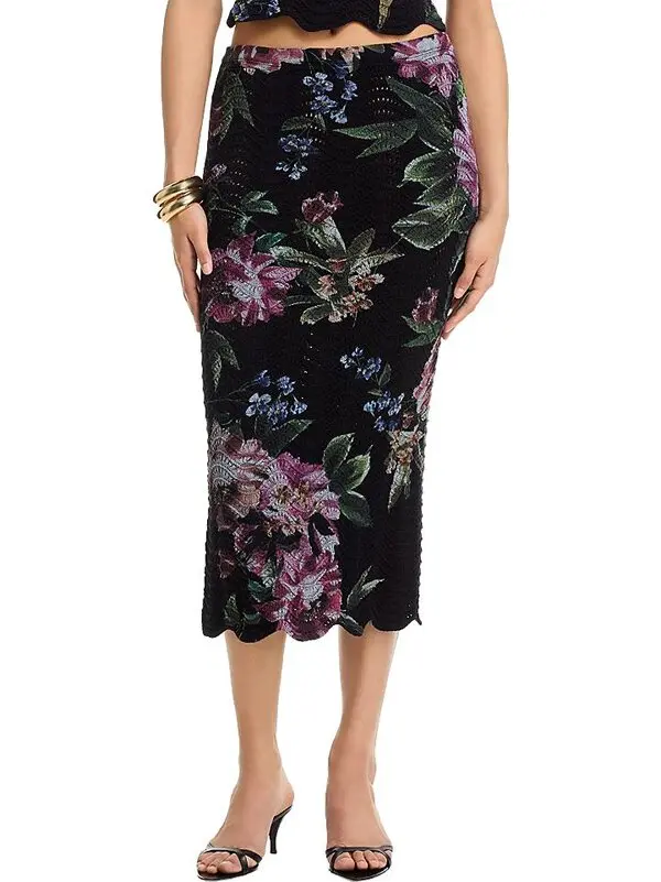 Aqua Floral Sweater Knit Midi Skirt - Black Multi