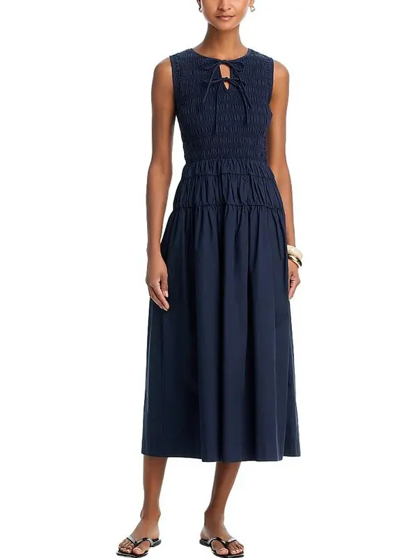 Moon River Shirred Waist Midi Dress - Navy