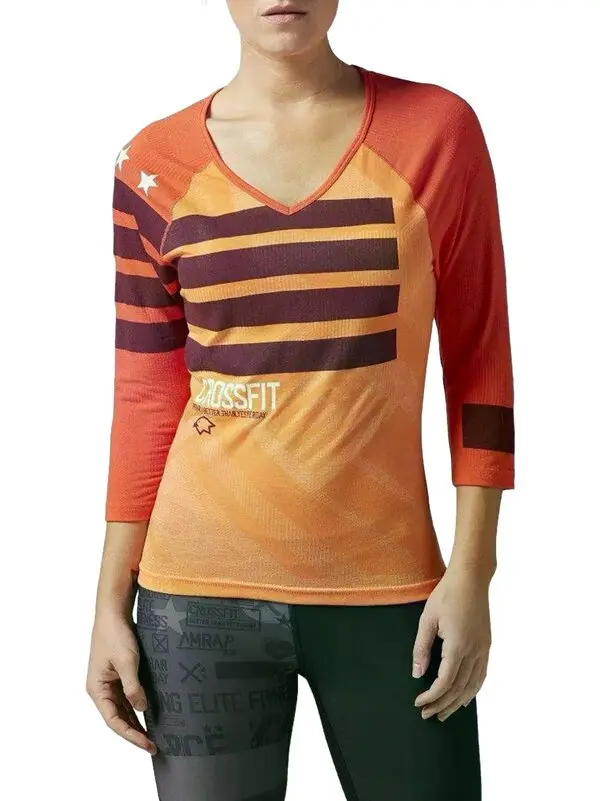 REEBOK Striped V-neck T-shirt - Orange
