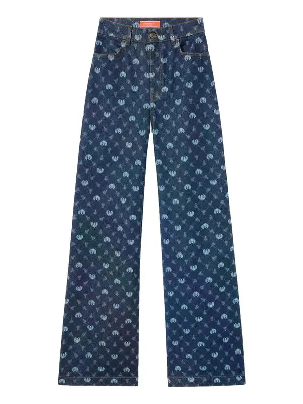 La DoubleJ Check Print Wide Leg Jeans - Blue