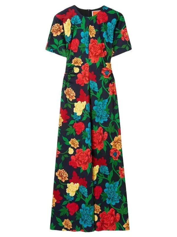 La DoubleJ Floral Ruched Punto Milano Dress - Blue