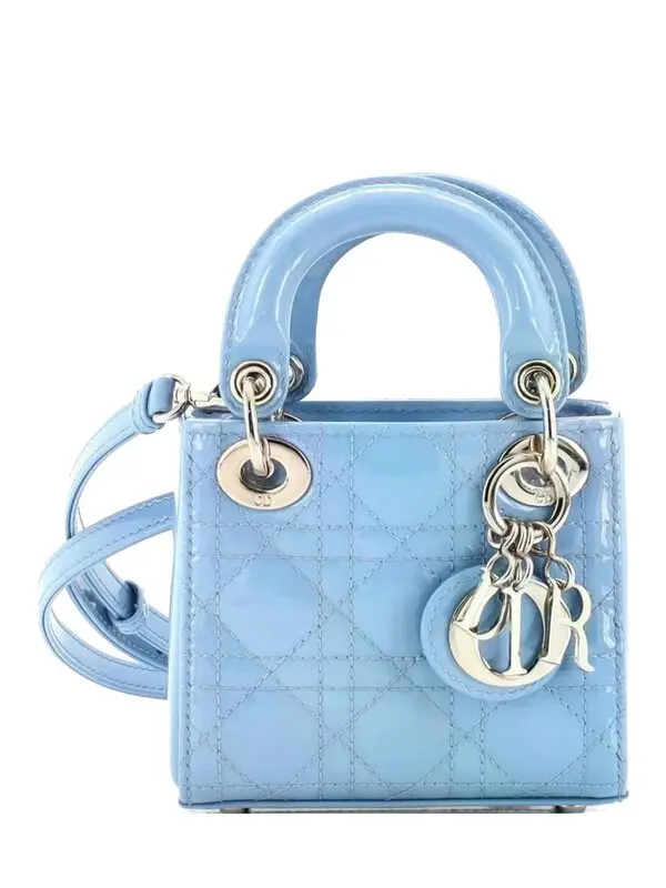 Dior Lady Cannage Quilt Patent Micro Crossbody Bag - Blue